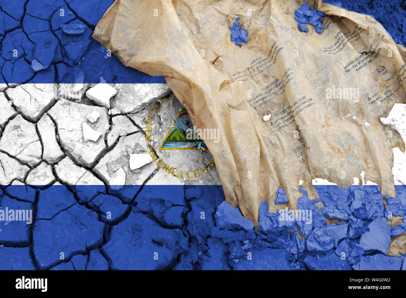 The flag of Nicaragua, the flag is depicted on cracked earth. Ecology ...