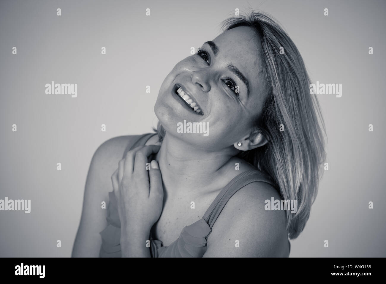 Close up black and white portrait of young beautiful caucasian woman ...
