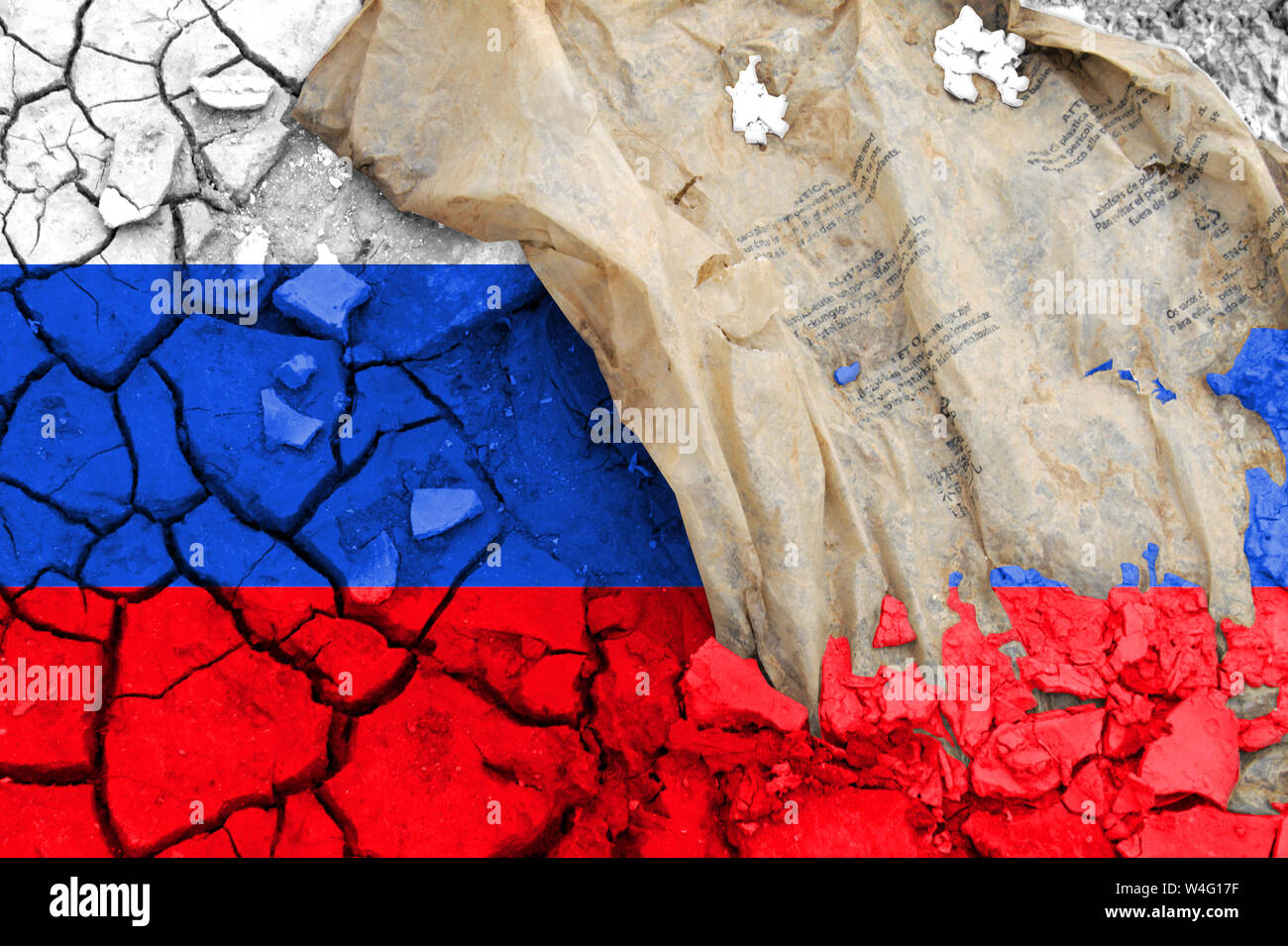 The flag of Russia, the flag is depicted on cracked earth. Ecology ...