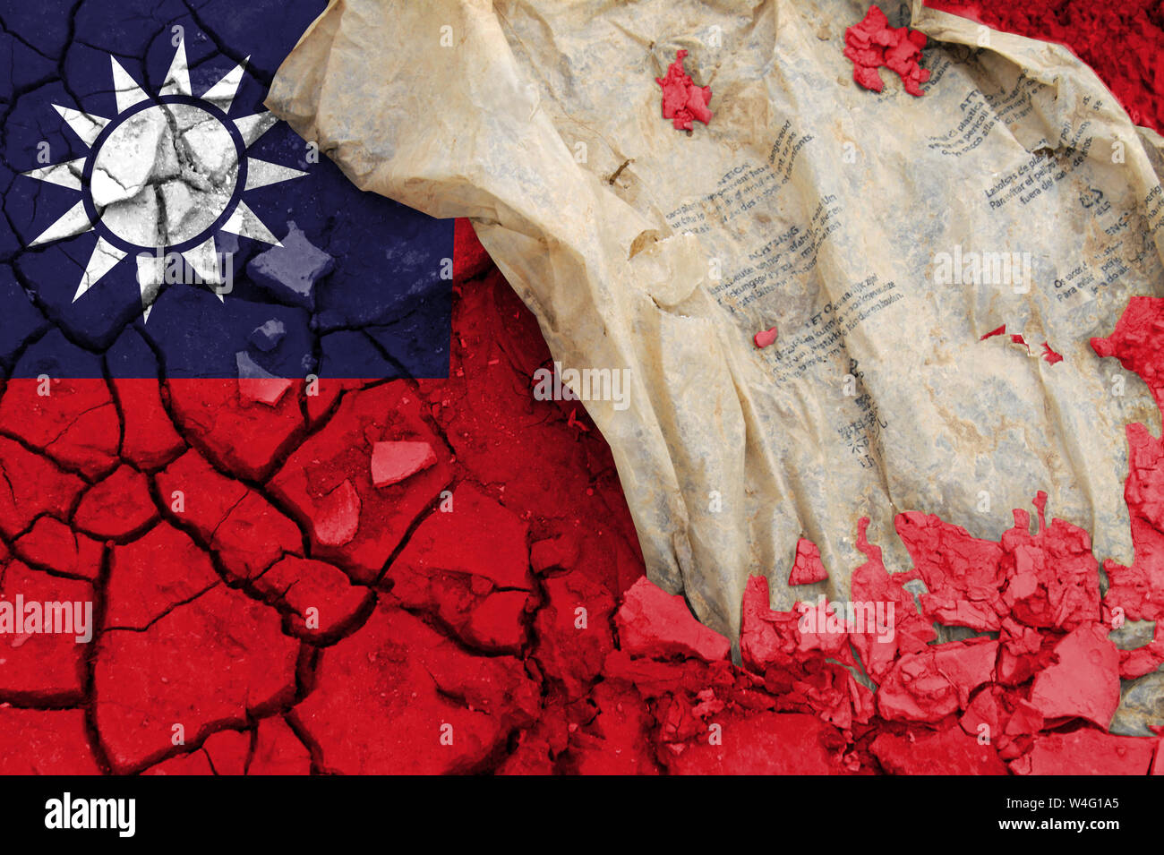 The flag of Taiwan, the flag is depicted on cracked earth. Ecology ...