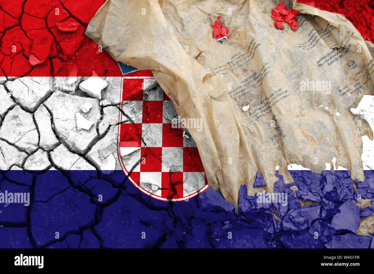 The flag of Croatia, the flag is depicted on cracked earth. Ecology ...