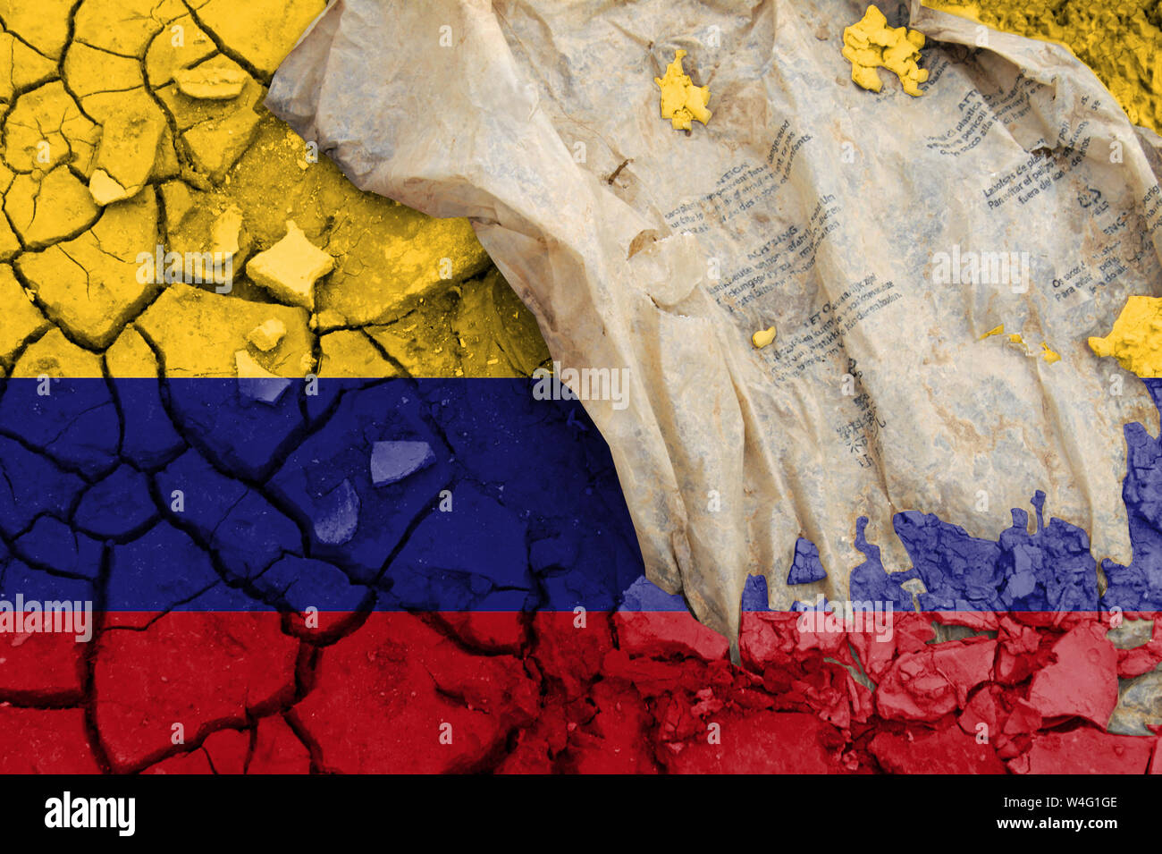 The flag of Colombia, the flag is depicted on cracked earth. Ecology ...
