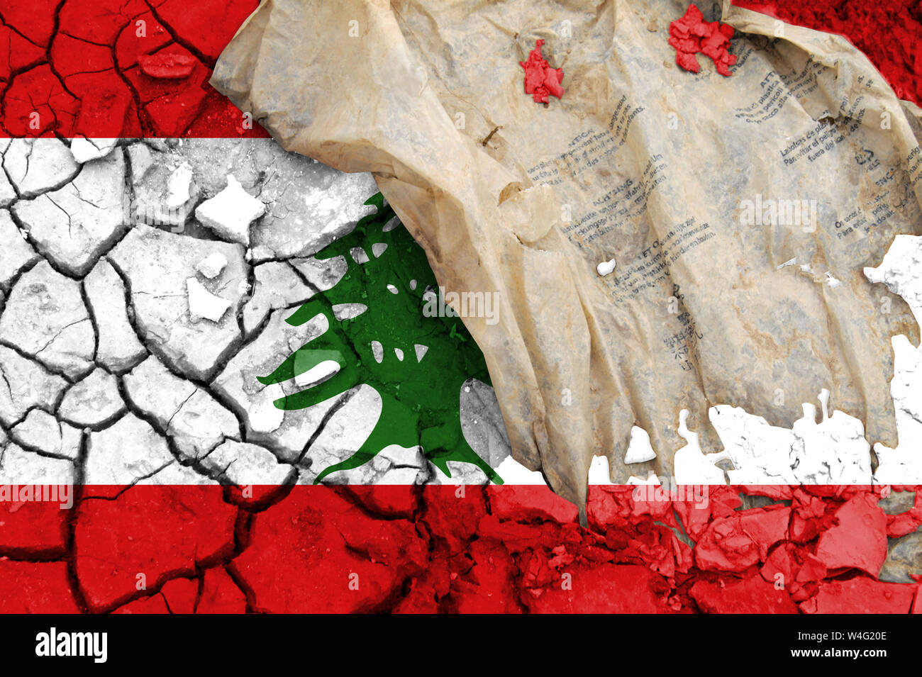 The flag of Lebanon, the flag is depicted on cracked earth. Ecology ...