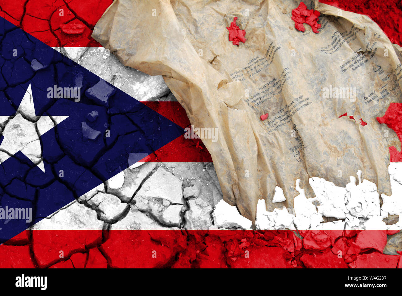 The flag of Puerto Rico, the flag is depicted on cracked earth. Ecology ...