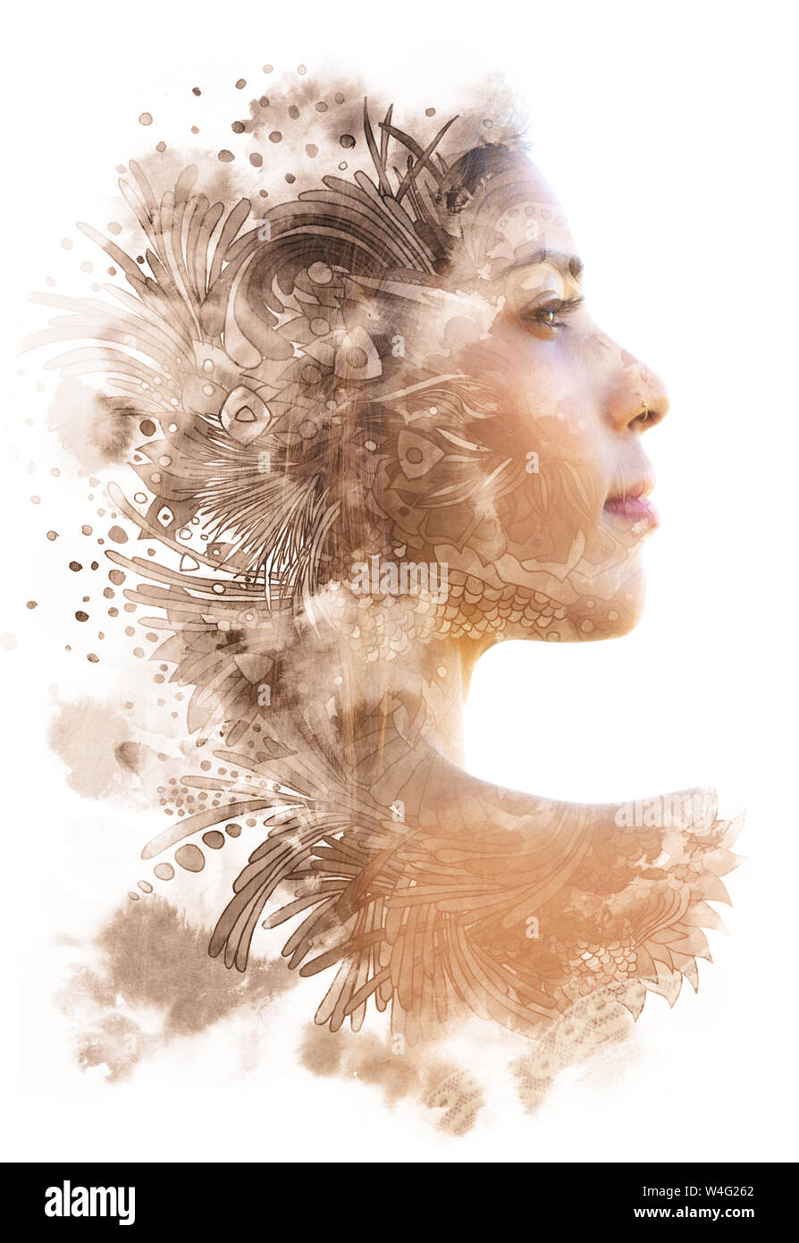 Double exposure. Paintography. Portrait of a beautiful young female ...