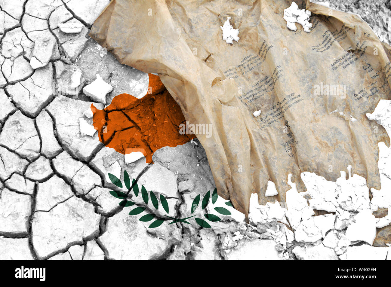 The flag of Cyprus, the flag is depicted on cracked earth. Ecology ...