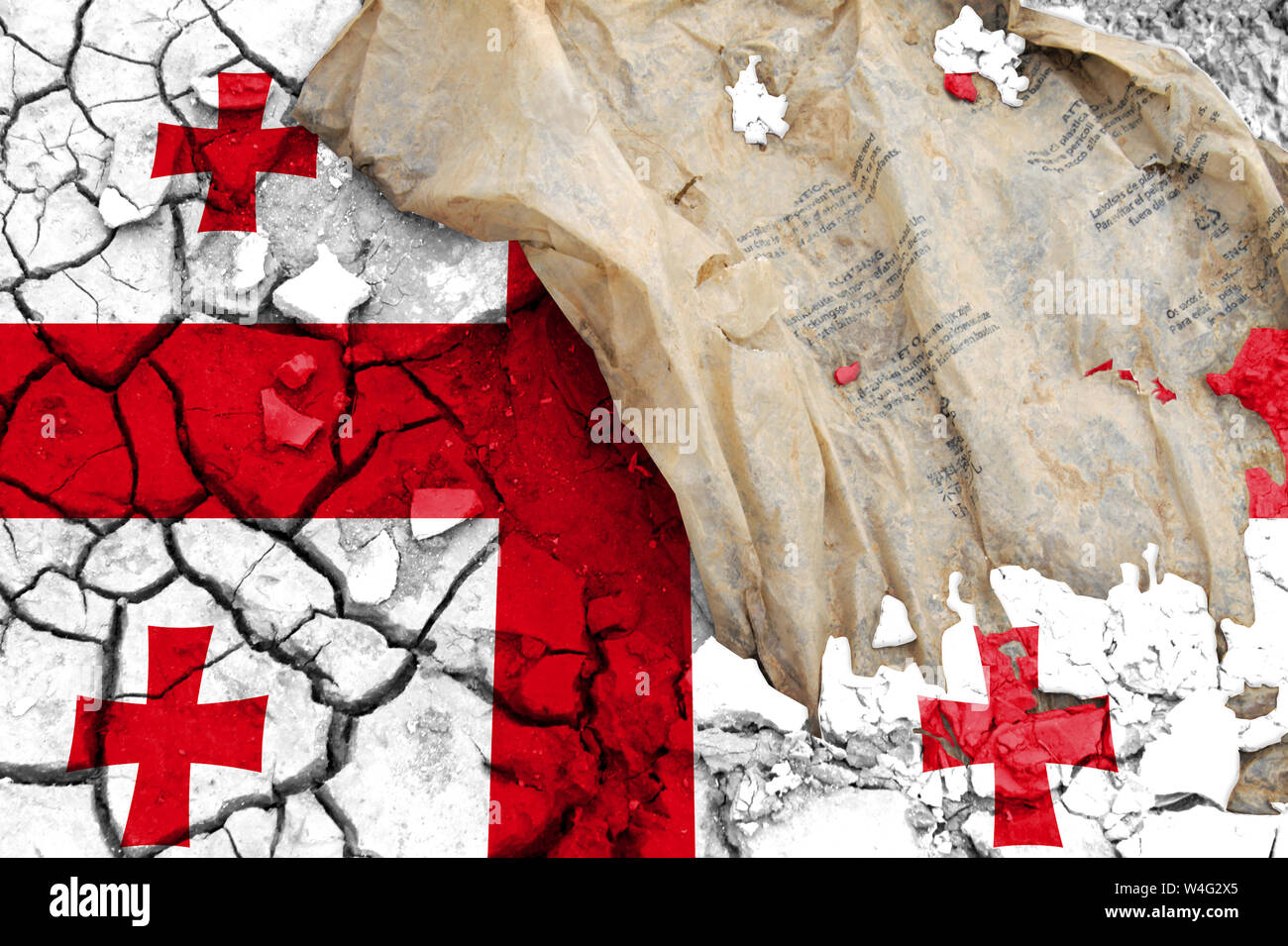 The flag of Georgia, the flag is depicted on cracked earth. Ecology ...