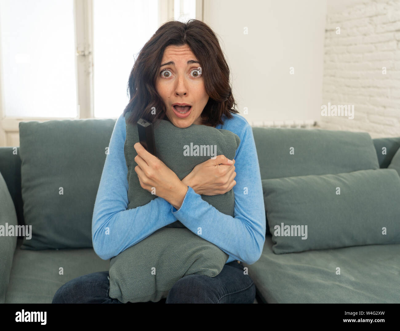 Lifestyle portrait of woman feeling scared and shocked making fear ...