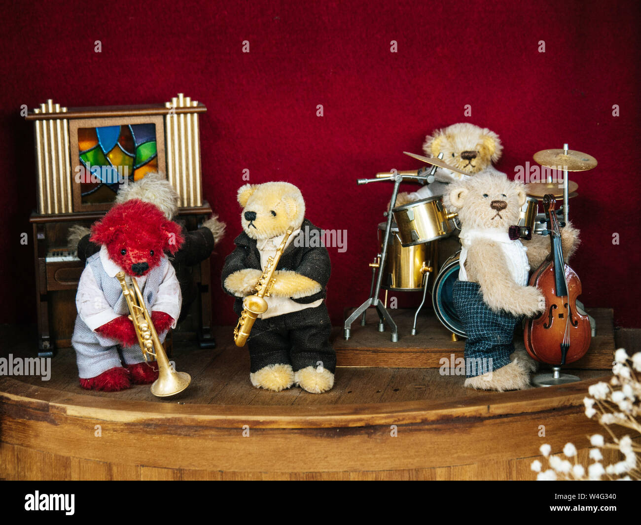The band, teddy bear, playing music, saxophone blowing, drumming ...