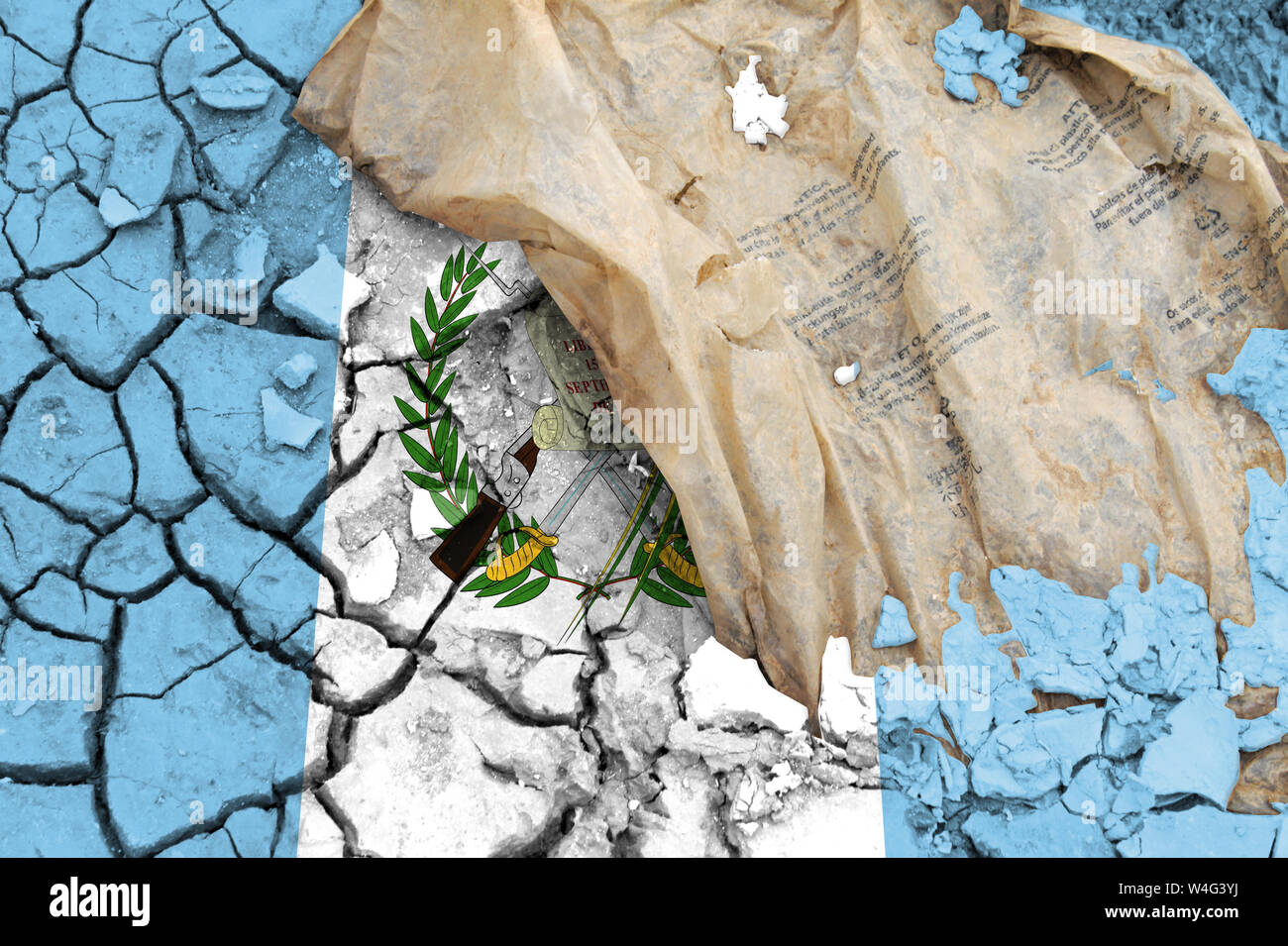 The flag of Guatemala, the flag is depicted on cracked earth. Ecology ...