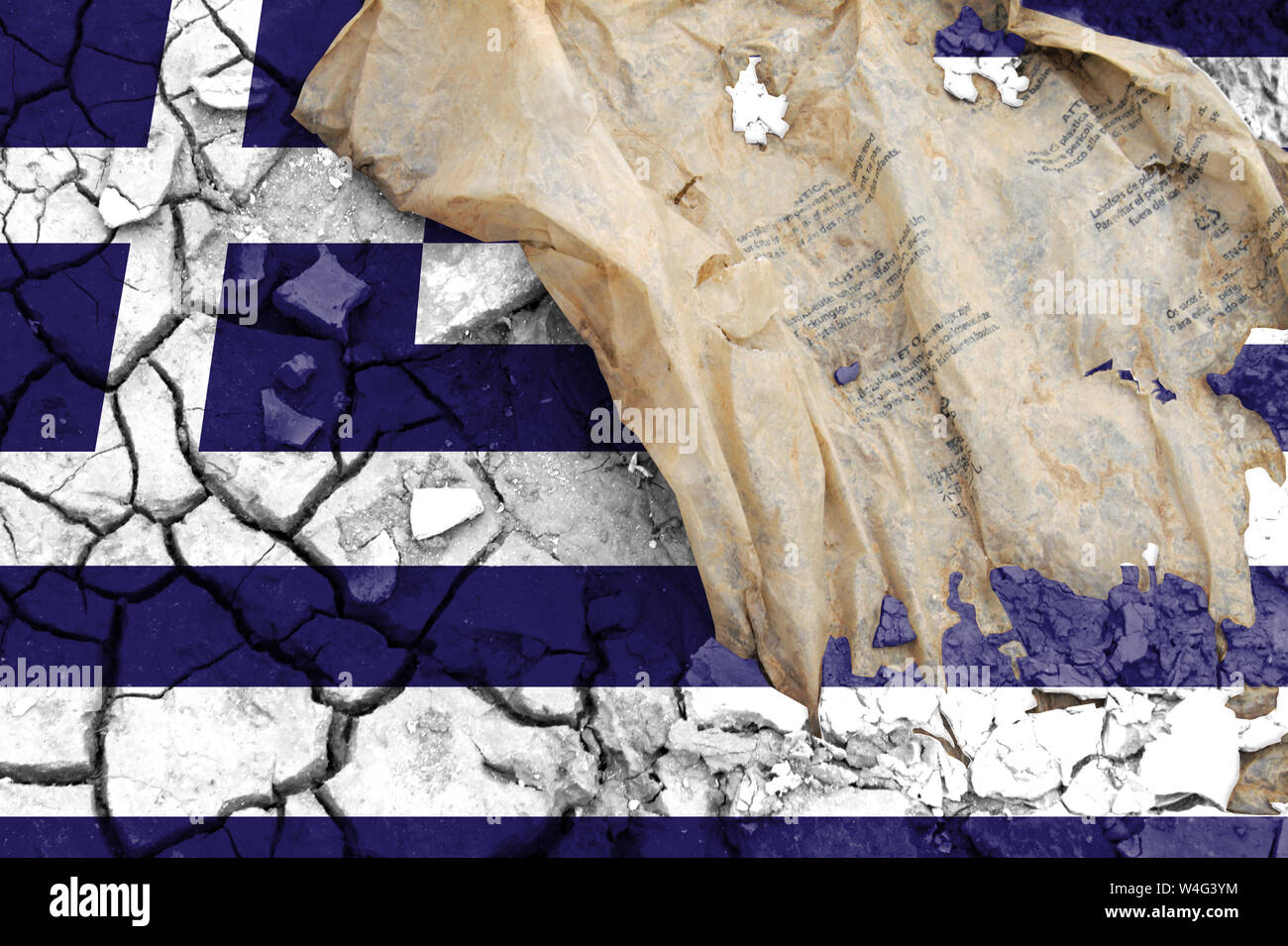 The flag of Greece, the flag is depicted on cracked earth. Ecology ...