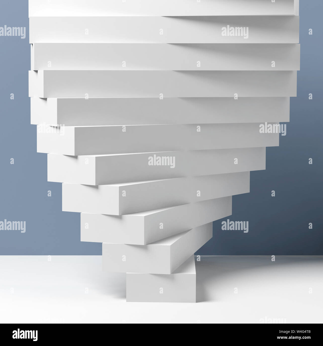 Abstract white parametric installation of boxes over blue wall ...