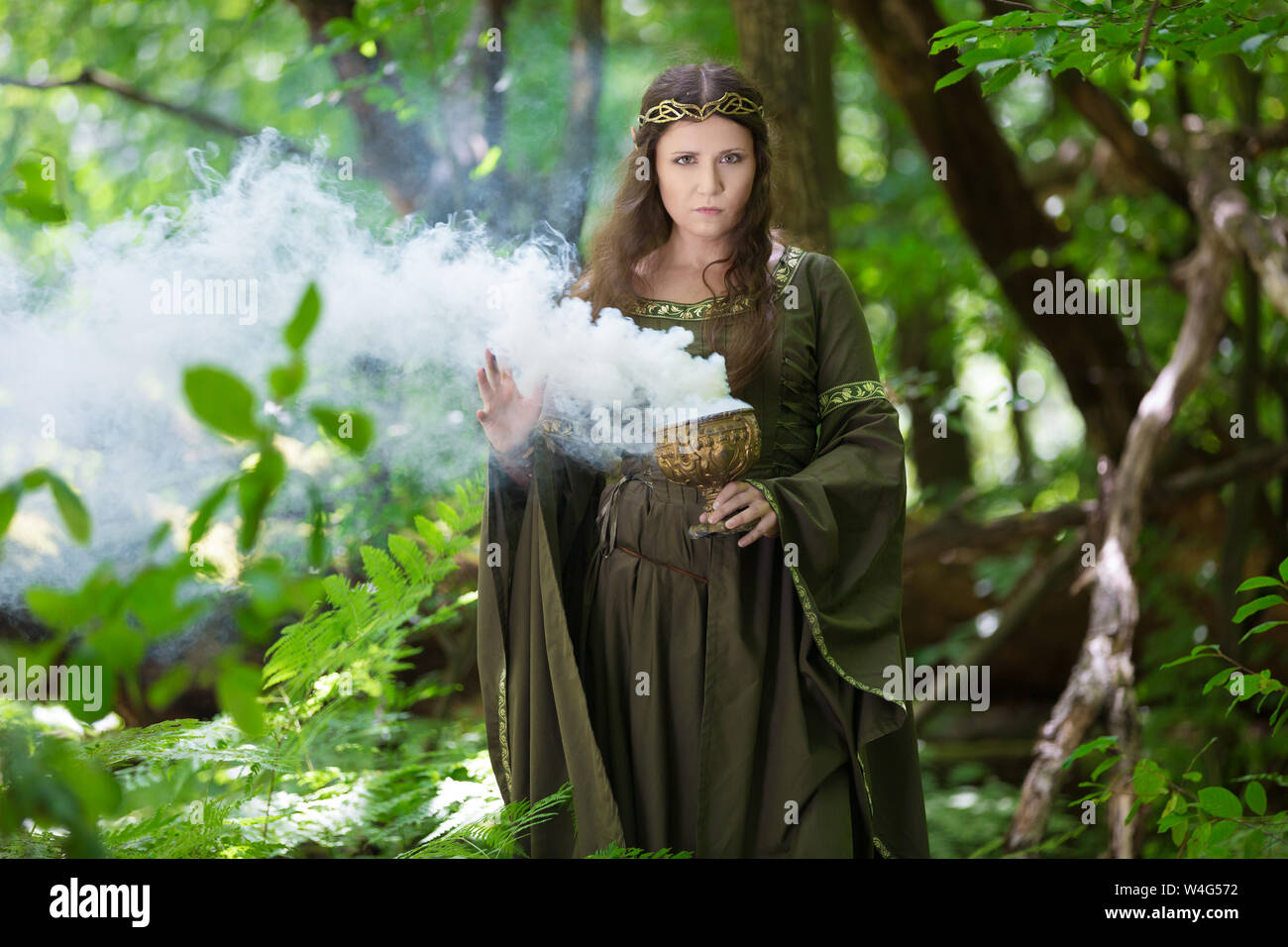 Elf performing spells in the forest with magical smoke Stock Photo - Alamy