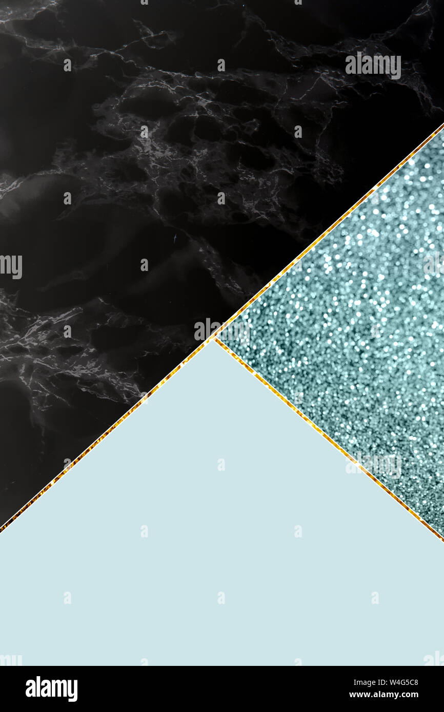 geometric background with blue glitter, black marble and light blue ...