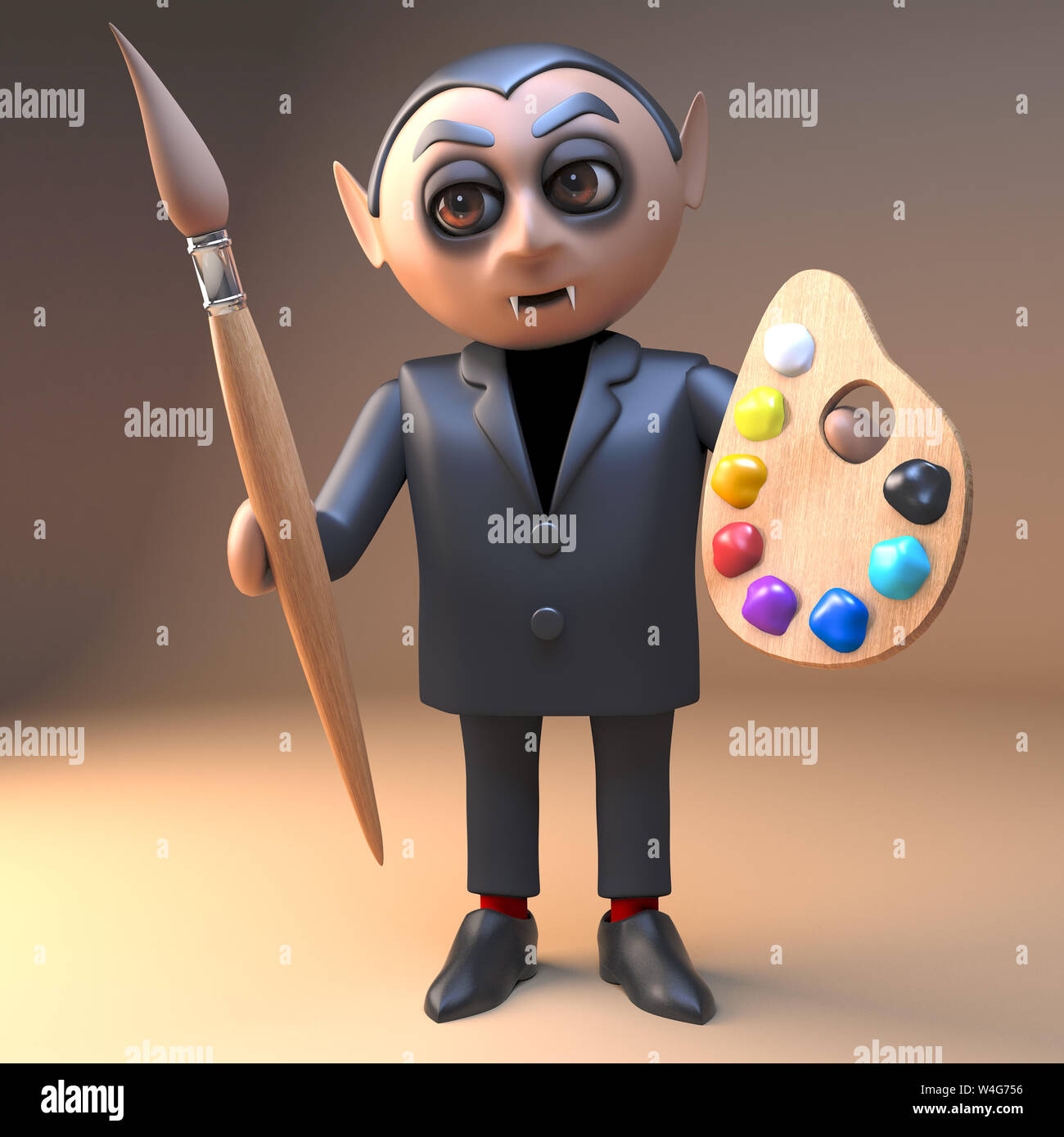 3d vampire dracula character with fangs is painting with paintbrush and ...