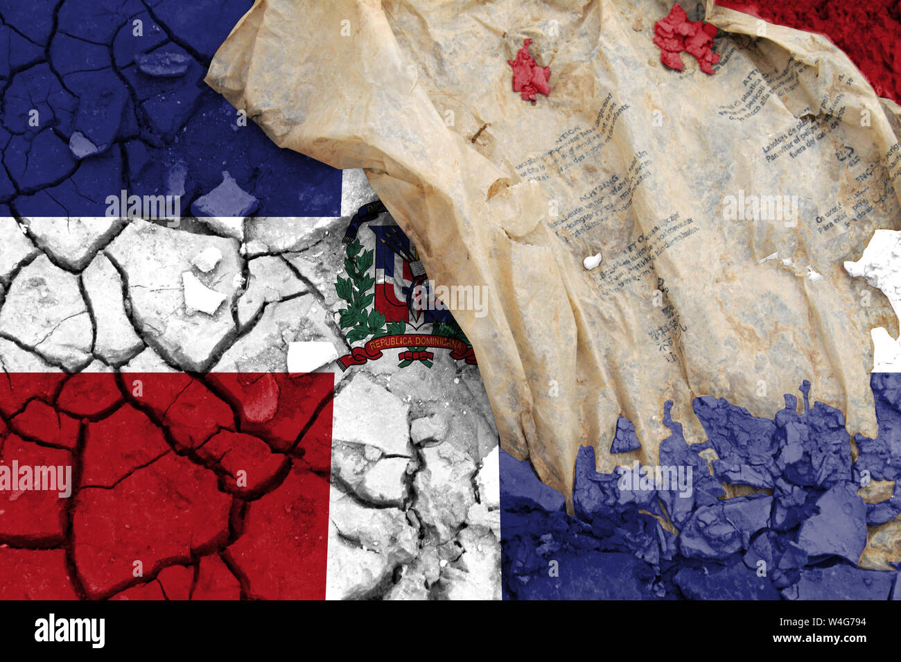 The flag of Dominican Republic, the flag is depicted on cracked earth ...