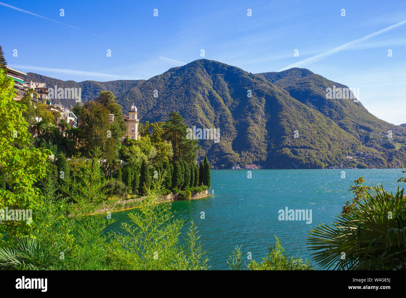 Panorama view of the lake Lugano, mountains and city Lugano, Ticino ...