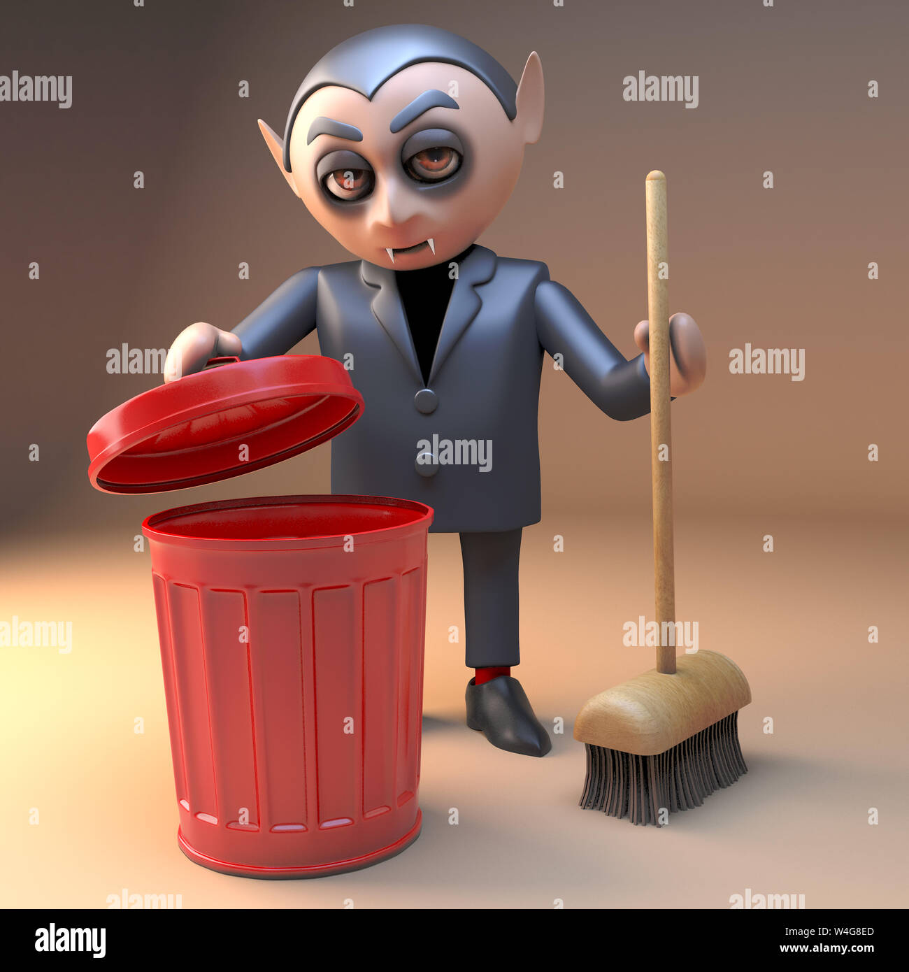 Vampire dracula character with fangs is cleaning up with a broom and ...