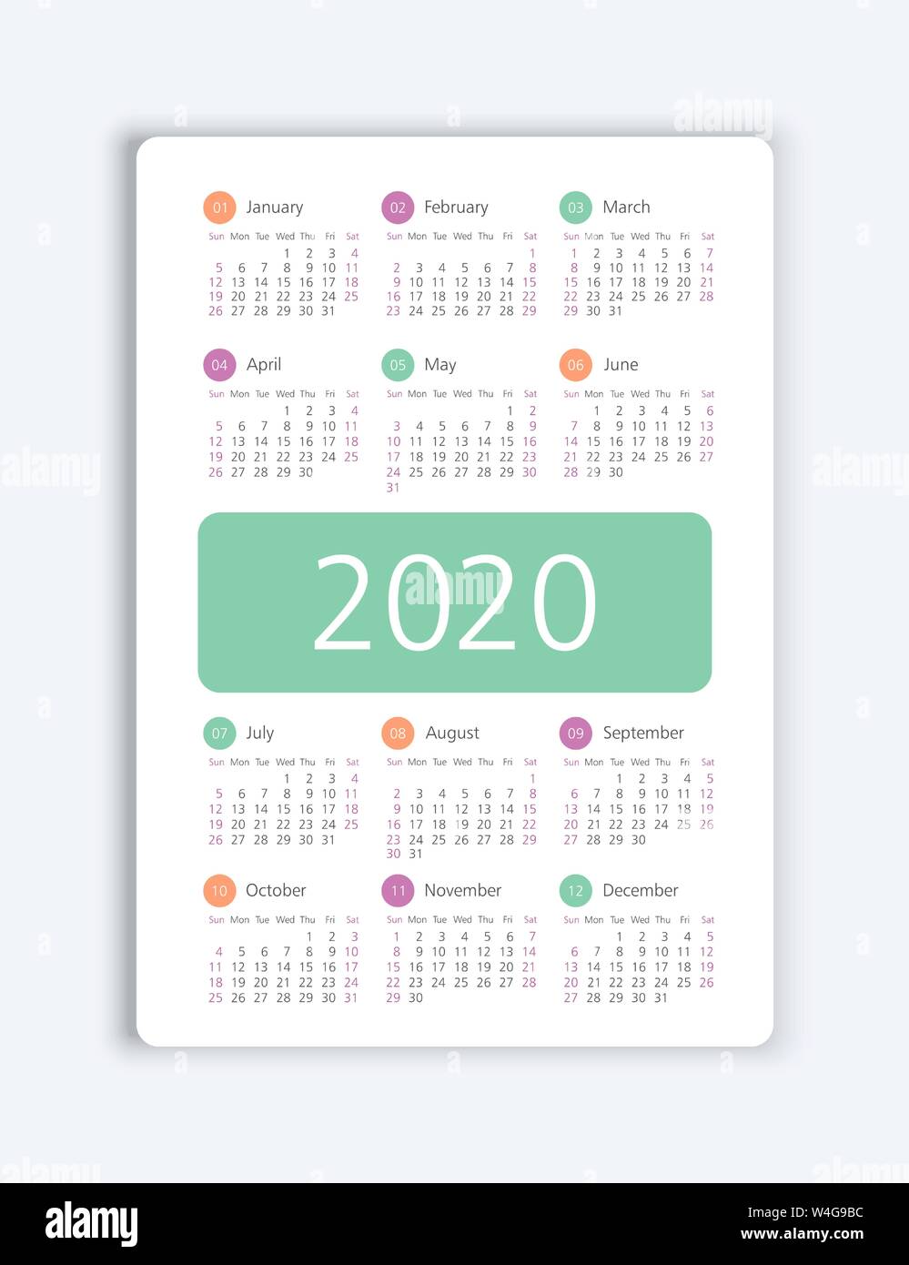 Calendar 2020 year. Color vector template. Week starts on Sunday. Basic ...
