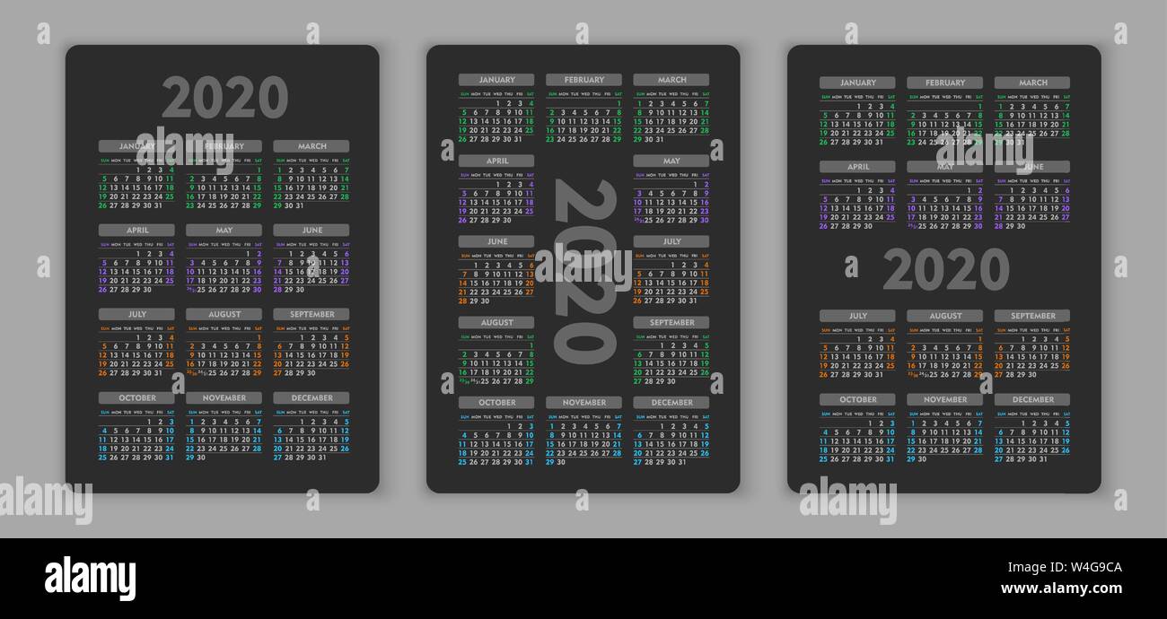 Calendar 2020 year. Color vector template. Week starts on Sunday. Basic ...