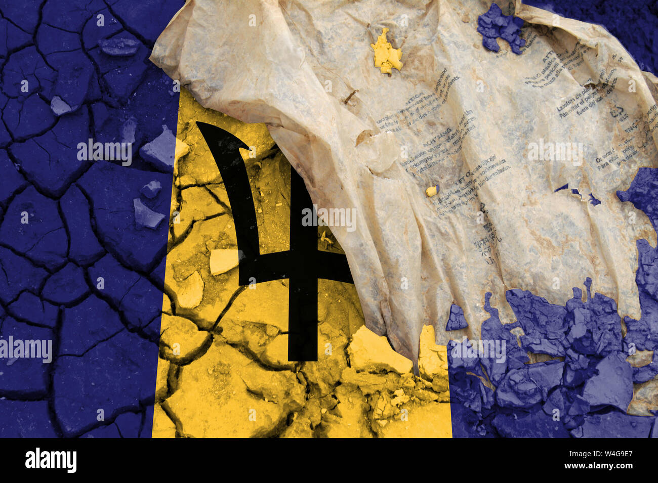 The flag of Barbados, the flag is depicted on cracked earth. Ecology ...