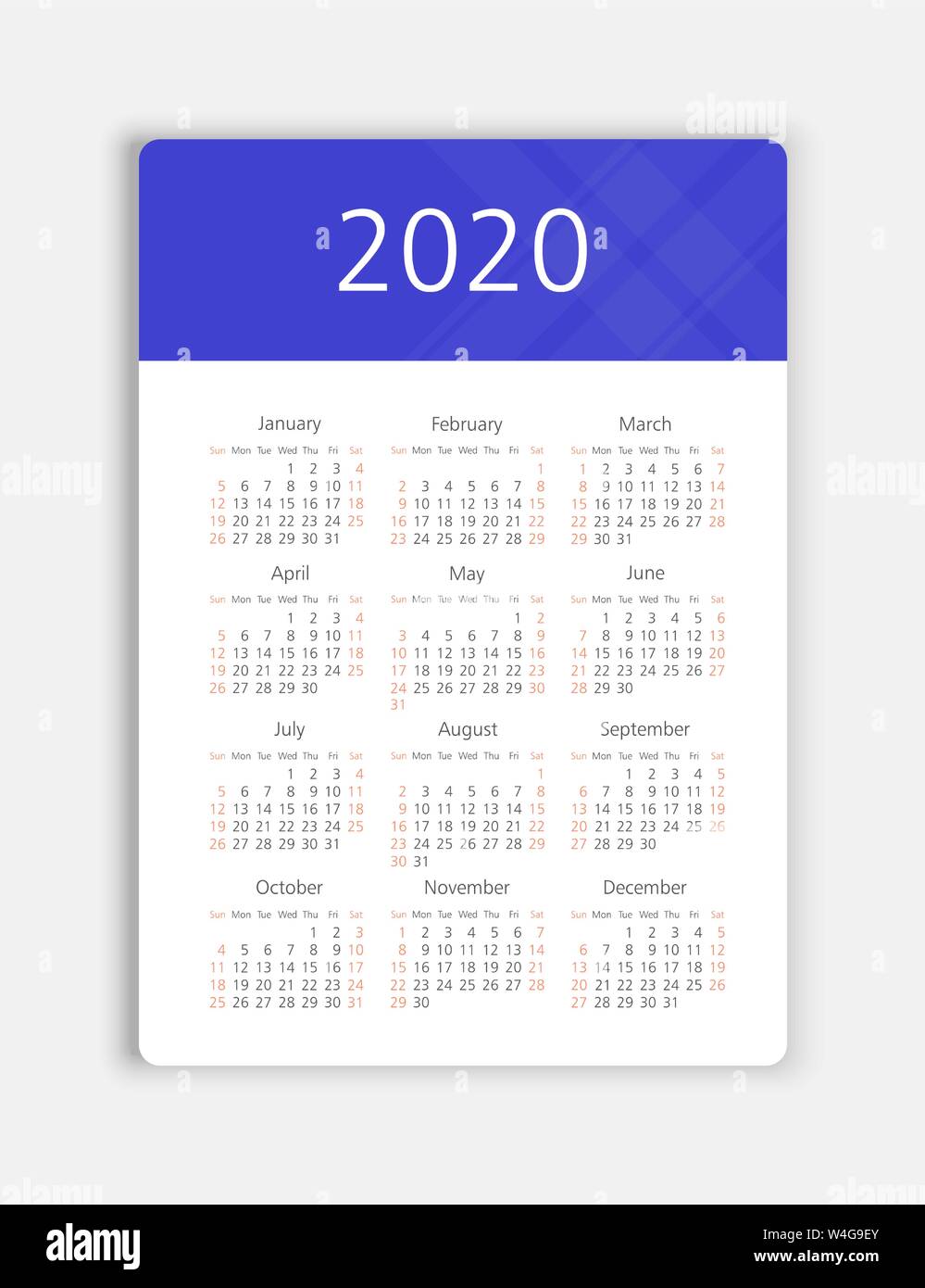 Calendar 2020 year. Color vector template. Week starts on Sunday. Basic ...