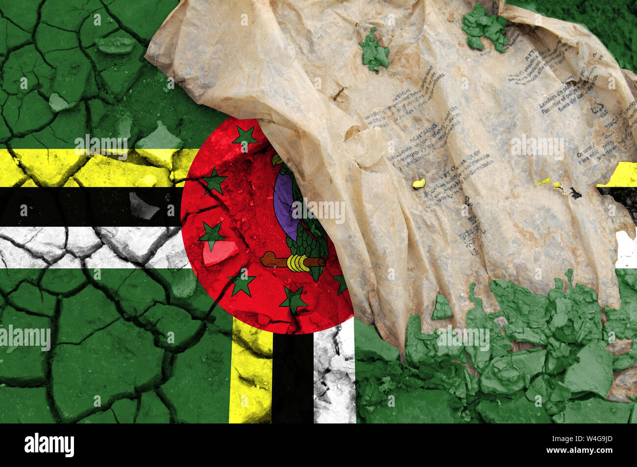 The flag of Dominica, the flag is depicted on cracked earth. Ecology ...