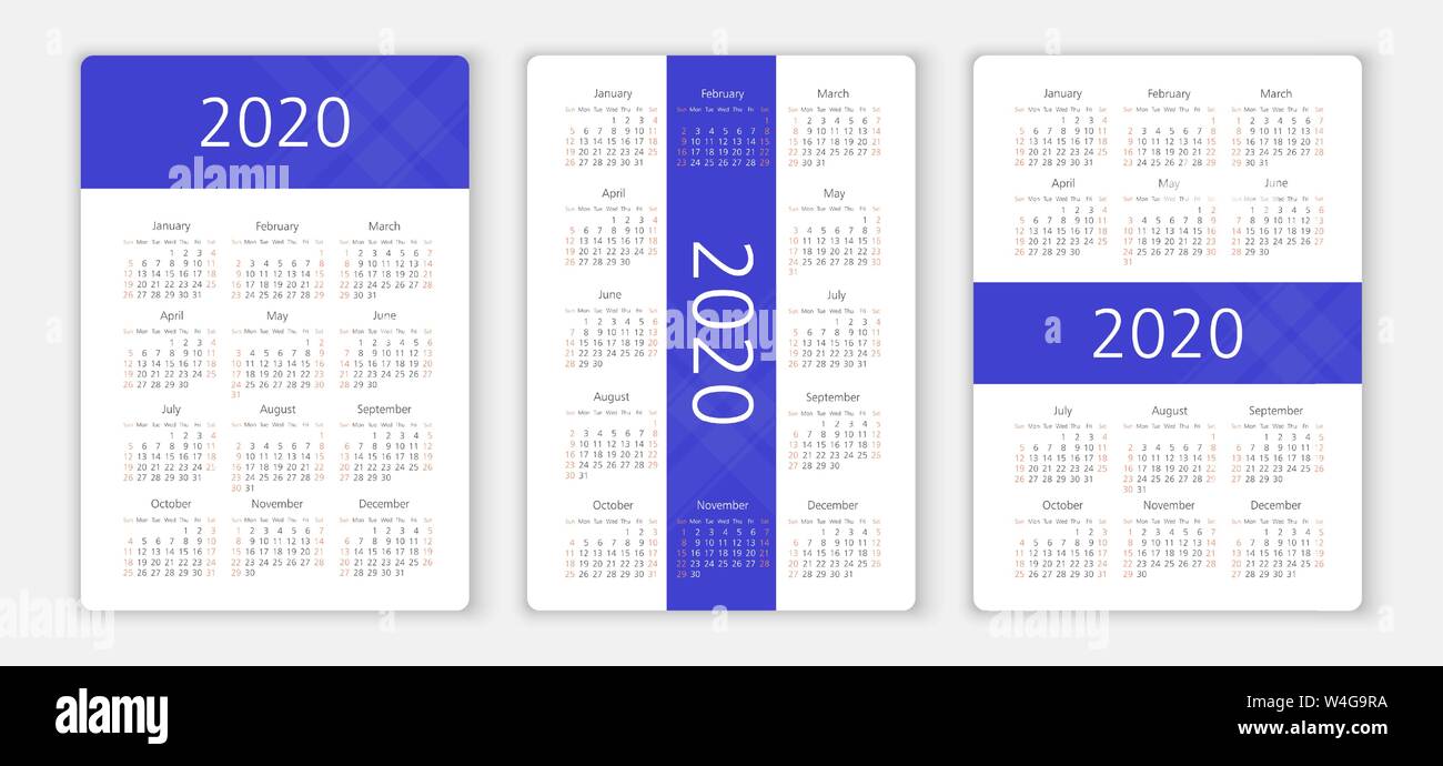 Calendar 2020 year. Color vector template. Week starts on Sunday. Basic ...
