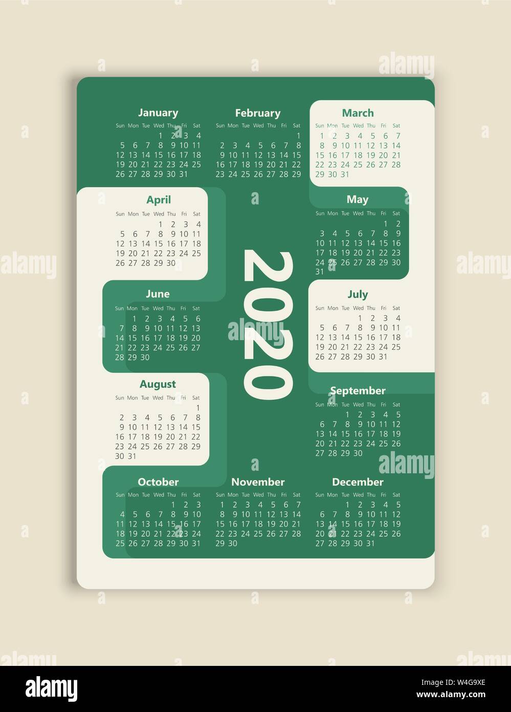 Calendar 2020 year. Color vector template. Week starts on Sunday. Basic ...