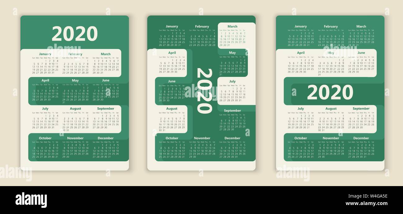 Calendar 2020 year. Color vector template. Week starts on Sunday. Basic ...