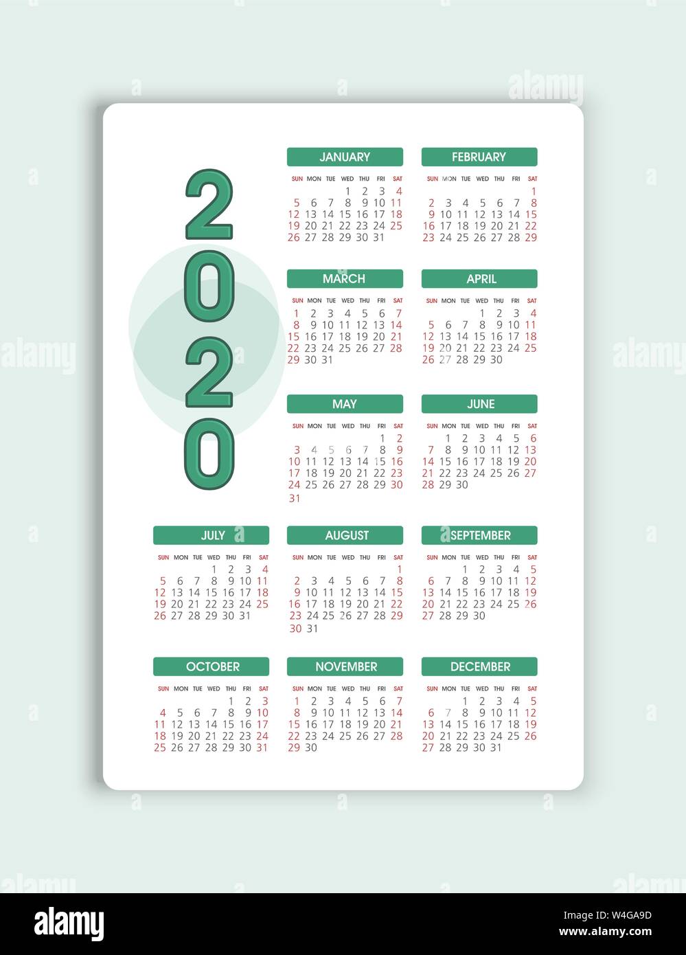 Calendar 2020 year. Color vector template. Week starts on Sunday. Basic ...