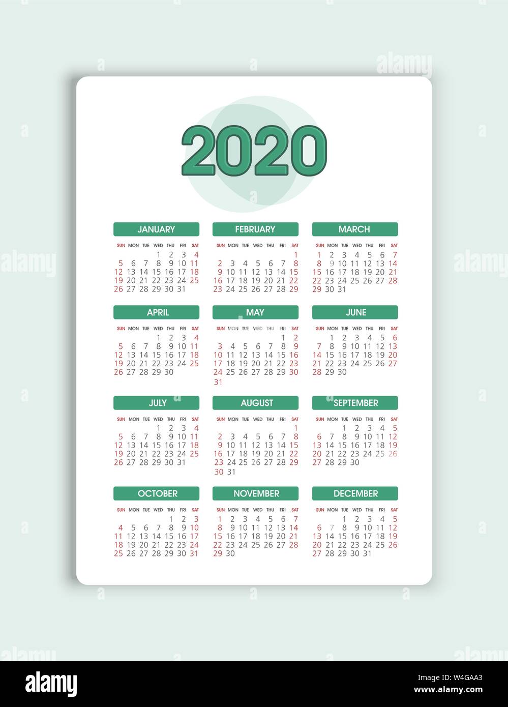Calendar 2020 year. Color vector template. Week starts on Sunday. Basic ...