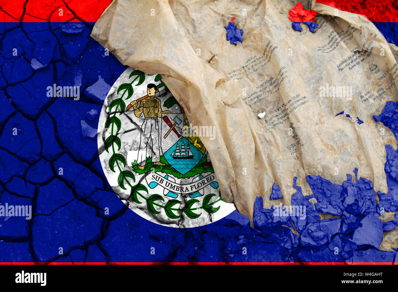 The flag of Belize, the flag is depicted on cracked earth. Ecology ...