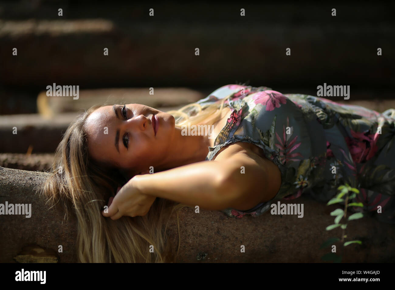 Portrait of a girl sitting on logs Stock Photo - Alamy