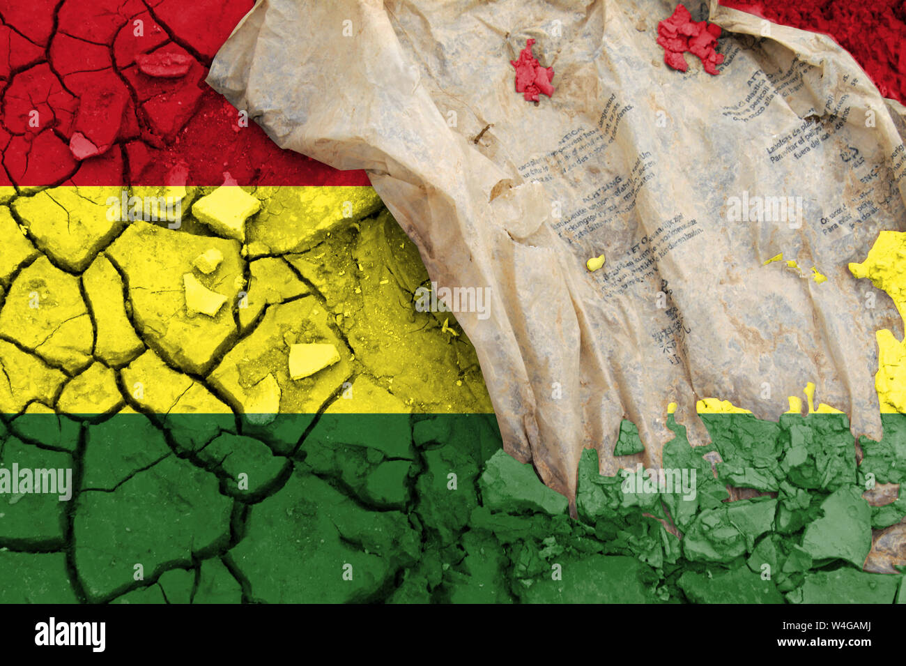 The flag of Bolivia, the flag is depicted on cracked earth. Ecology ...