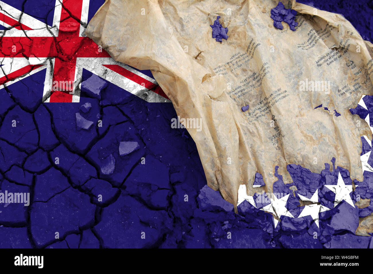 The flag of Cook Islands, the flag is depicted on cracked earth ...