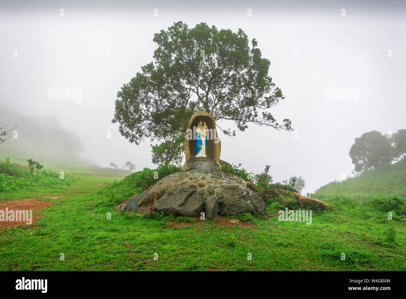 Vagamon, Kerala, India- 07 July 2019: Statue of St. Mary and Jesus ...