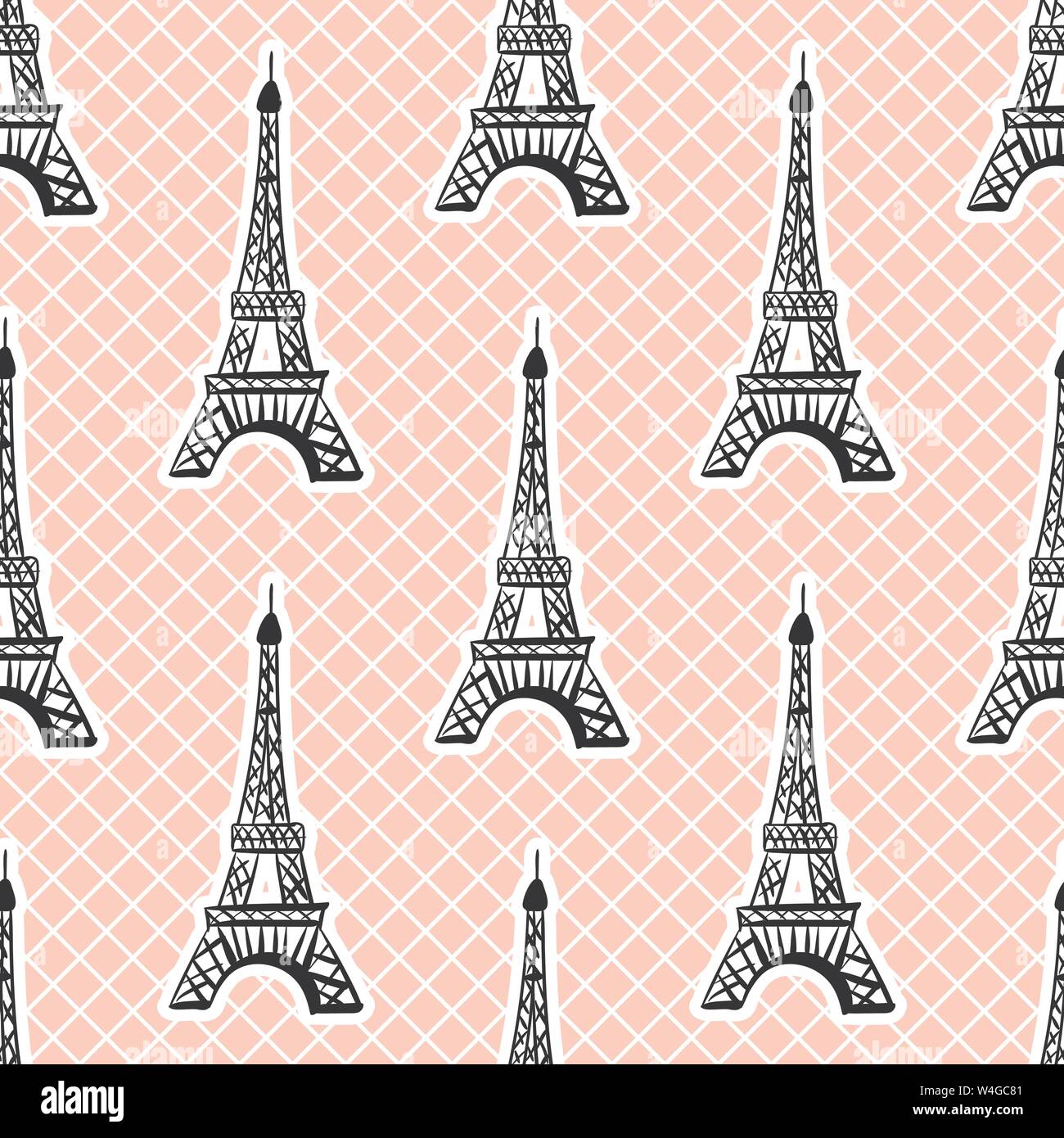 Eiffel tower seamless pattern in white pink grid background. Vector ...