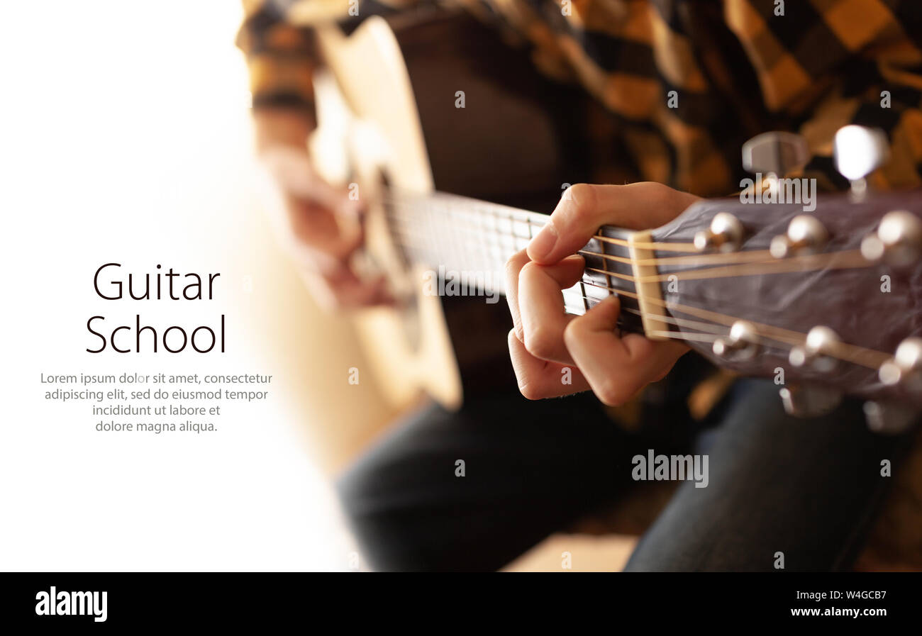 Guitar player with acoustic guitar. Template design with sample text ...