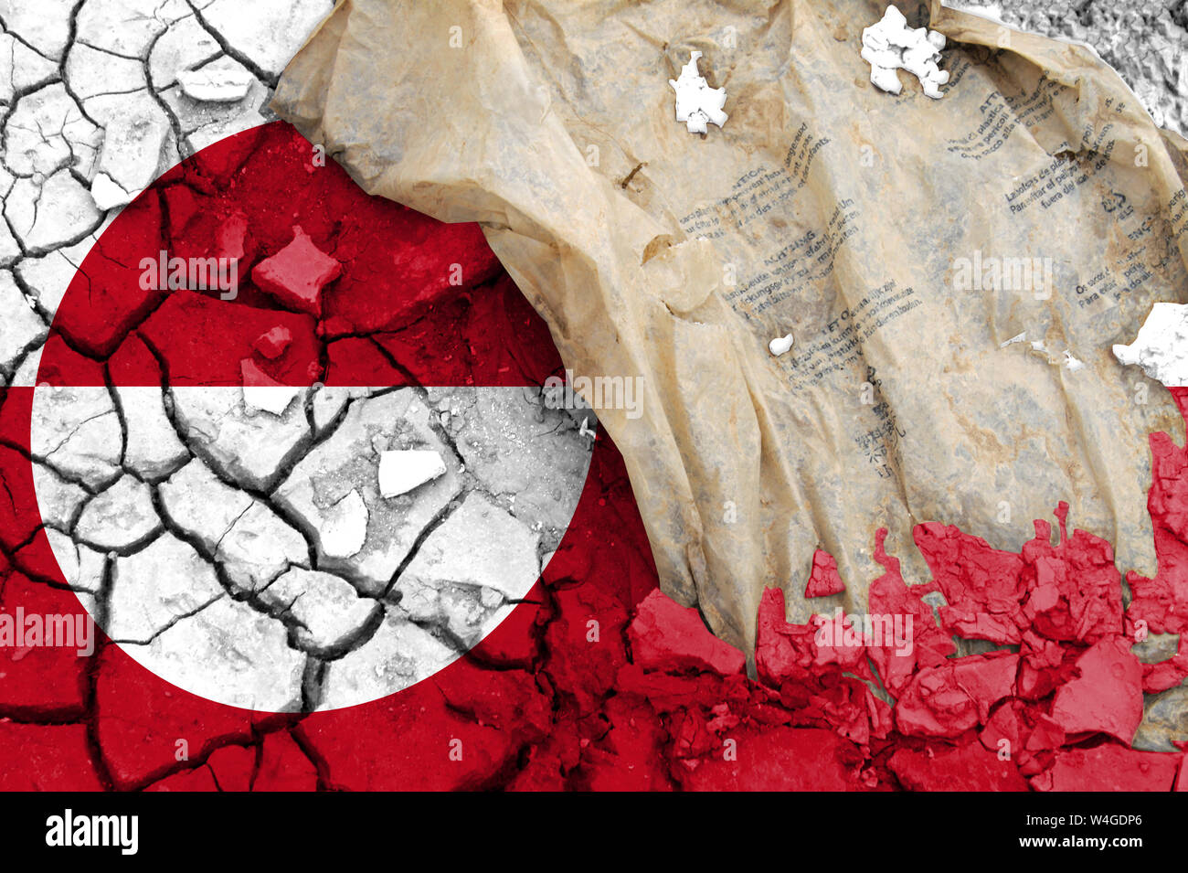 The flag of Greenland, the flag is depicted on cracked earth. Ecology ...