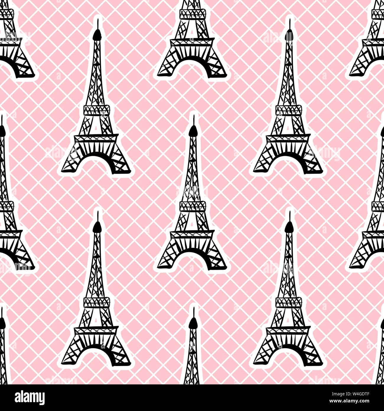 Eiffel tower seamless pattern in white pink grid background. Vector ...