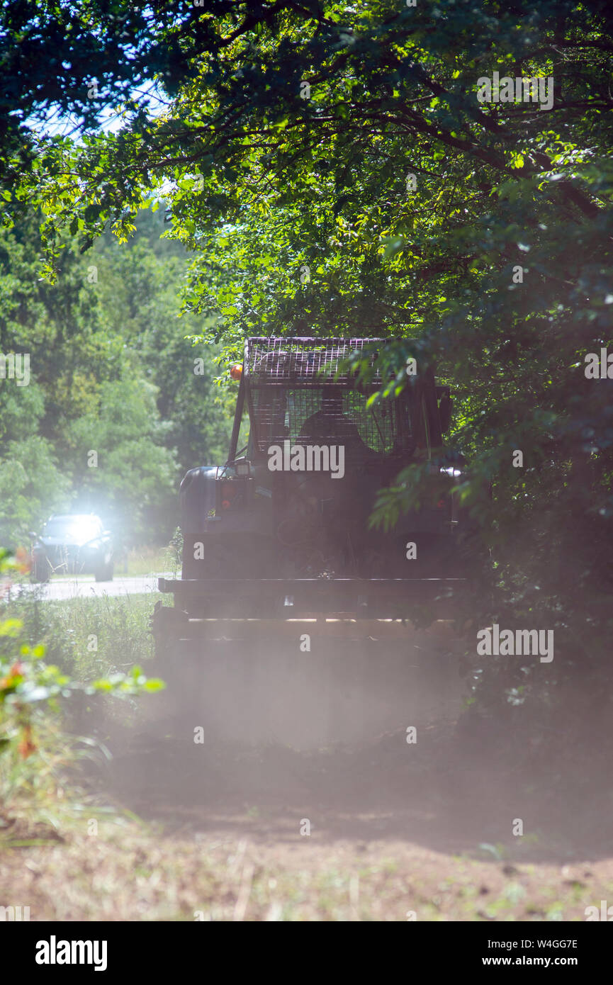 23 July 2019, Saxony-Anhalt, Haldensleben: A track gate with a high saw ...