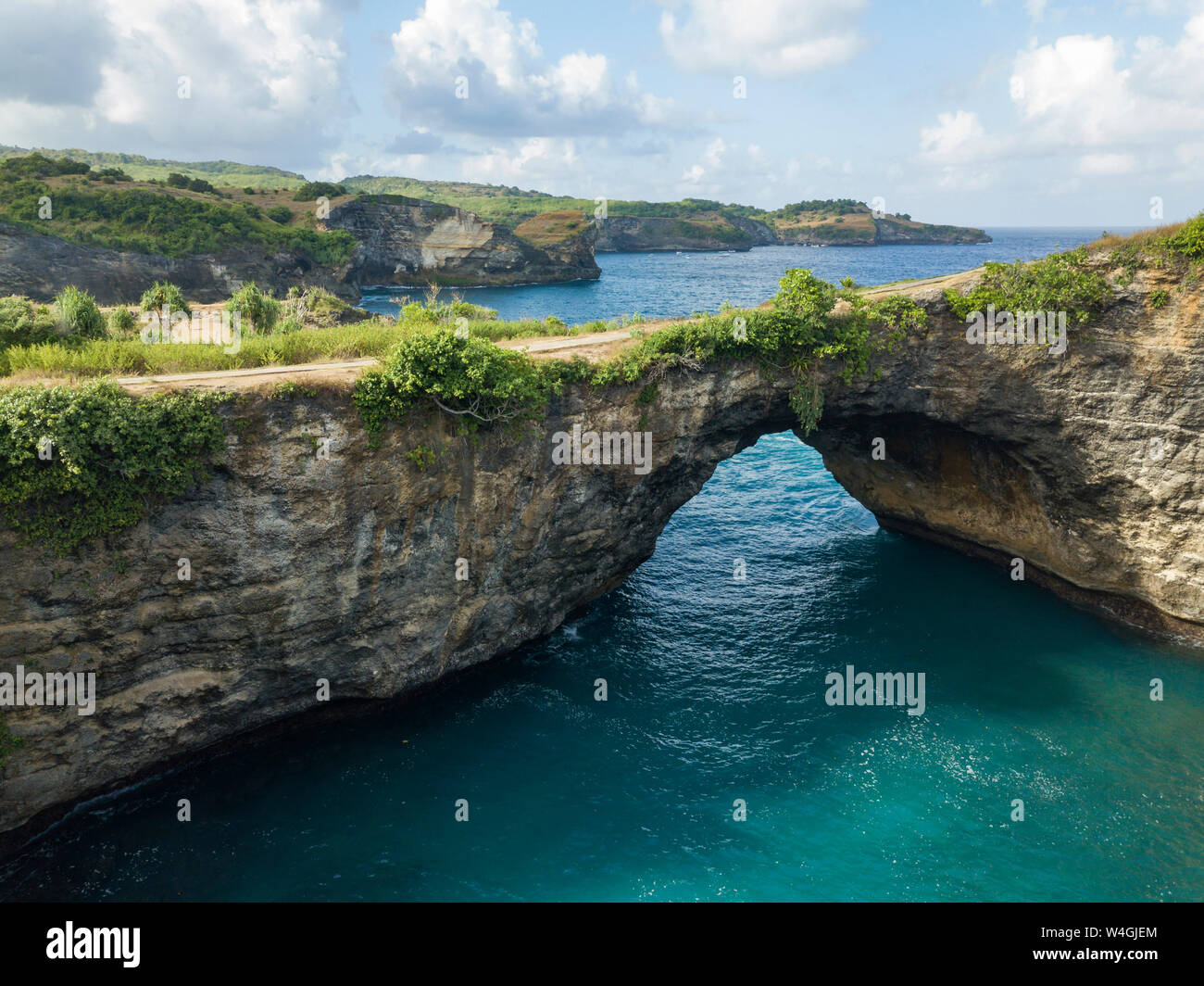 Aerial view of rock arch at Broken Beach, Nusa Penida island, Bali ...