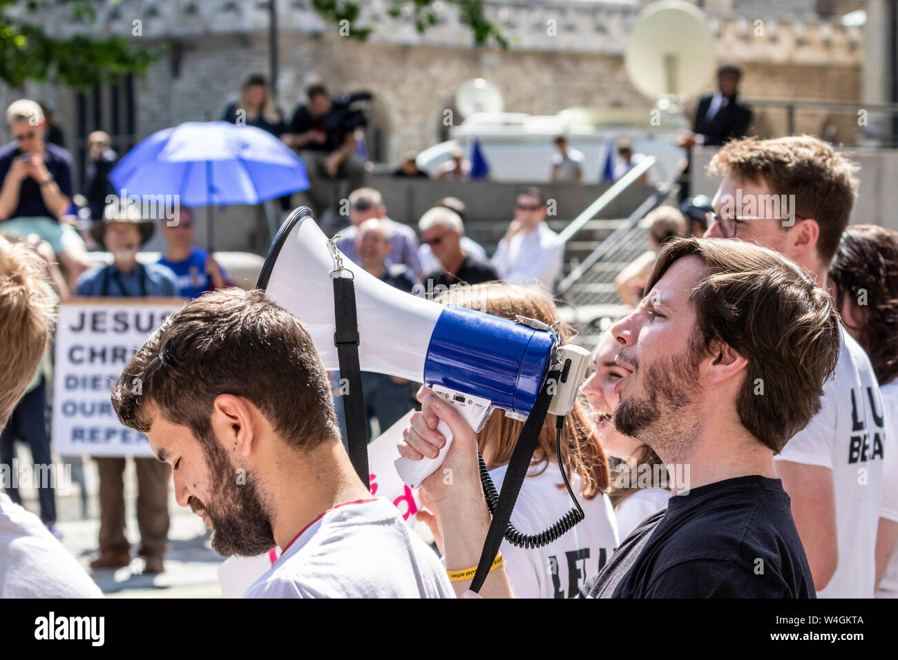 London, England, United Kingdom - 23/07/2019: People waiting outside ...