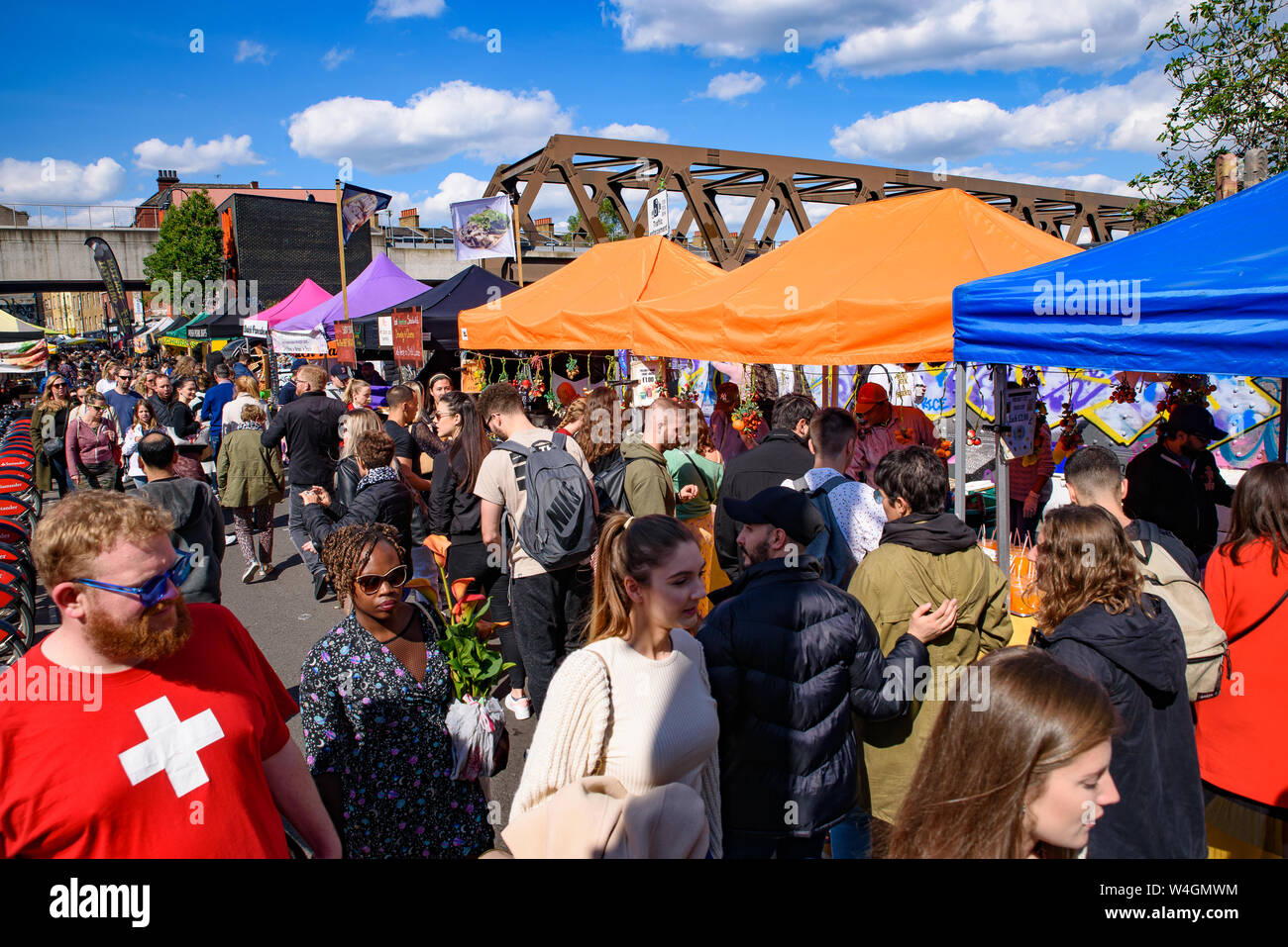 Food stalls in Brick Lane Sunday Market in London, United Kingdom Stock ...