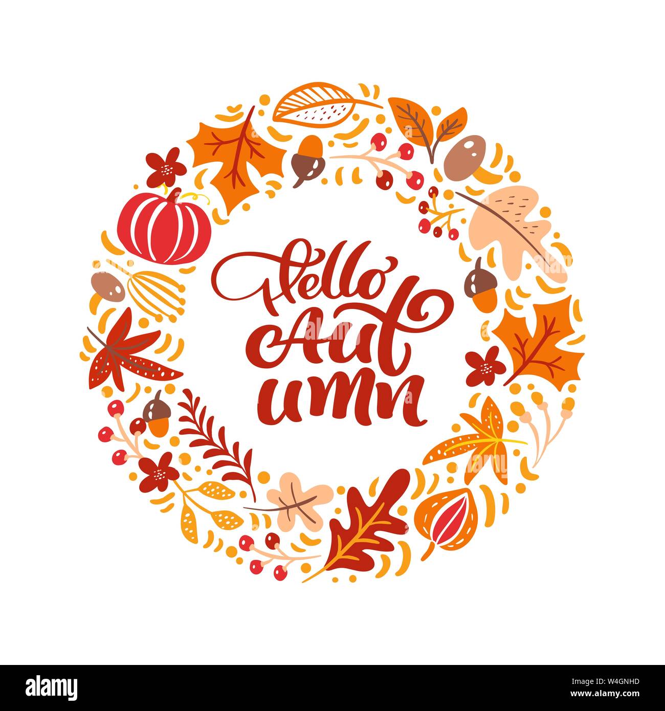 Calligraphy lettering text Hello Autumn. Round background frame wreath ...
