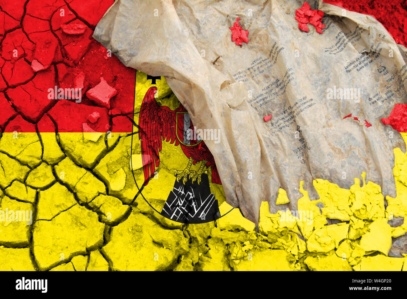 The flag of Burgenland, the flag is depicted on cracked earth. Ecology ...