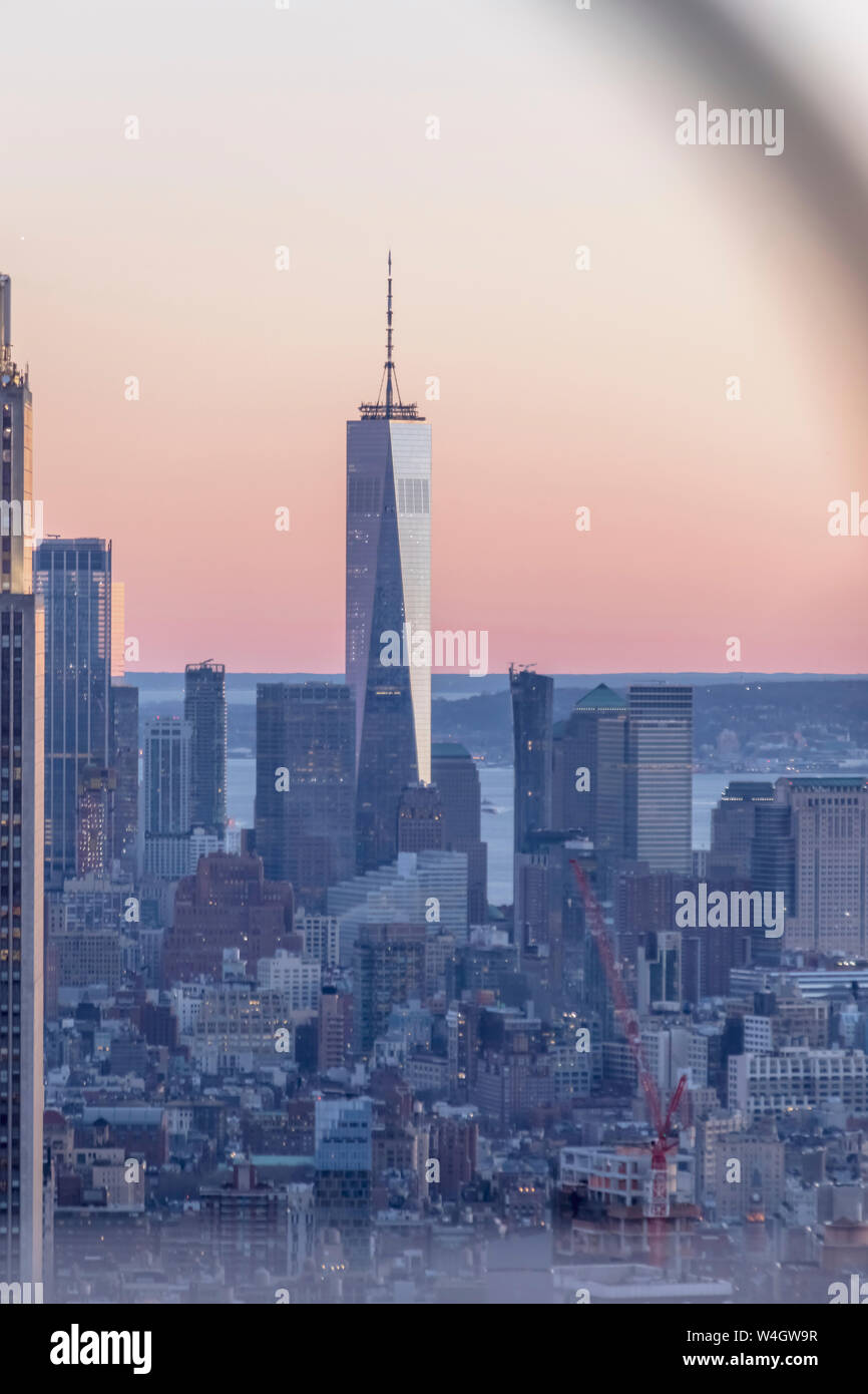 Manhattan skyline with one world trade center at sunset hi-res stock ...