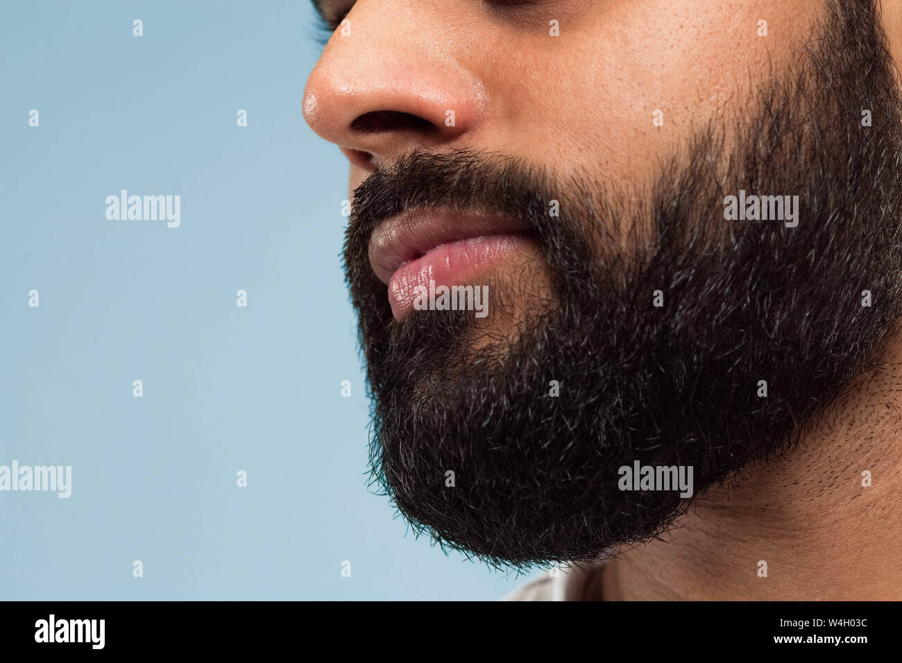 Close up portrait of young hindoo man's face with beard and lips on ...