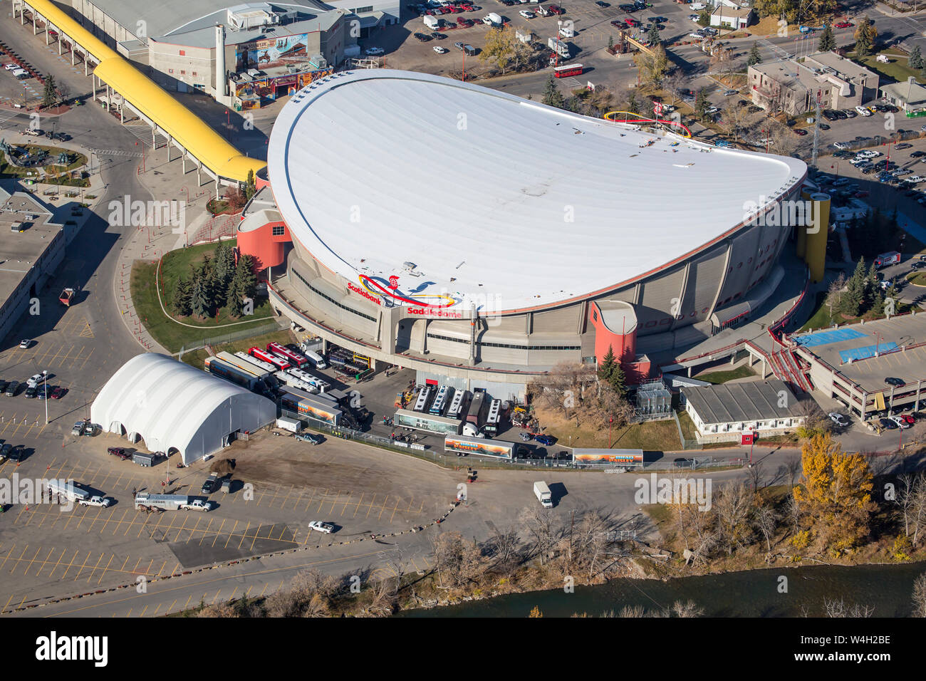 Aerial view of the Saddledome in the city of Calgary, Alberta Canada ...